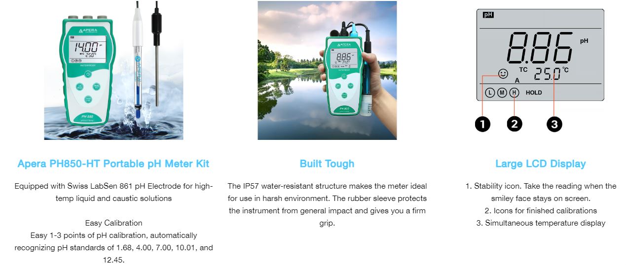 APERA PH850-HT Portable pH Meter for High-Temperature Liquid and ...